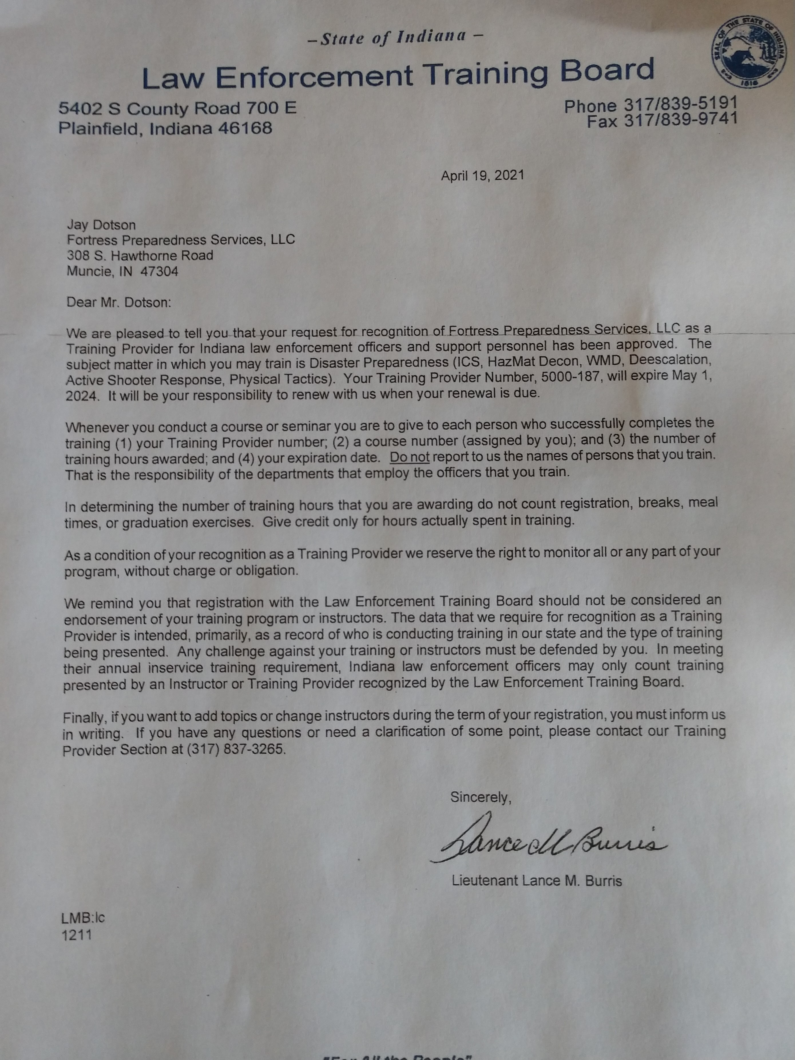 Indiana Law Enforcement Academy Provider – Fortress Preparedness Services